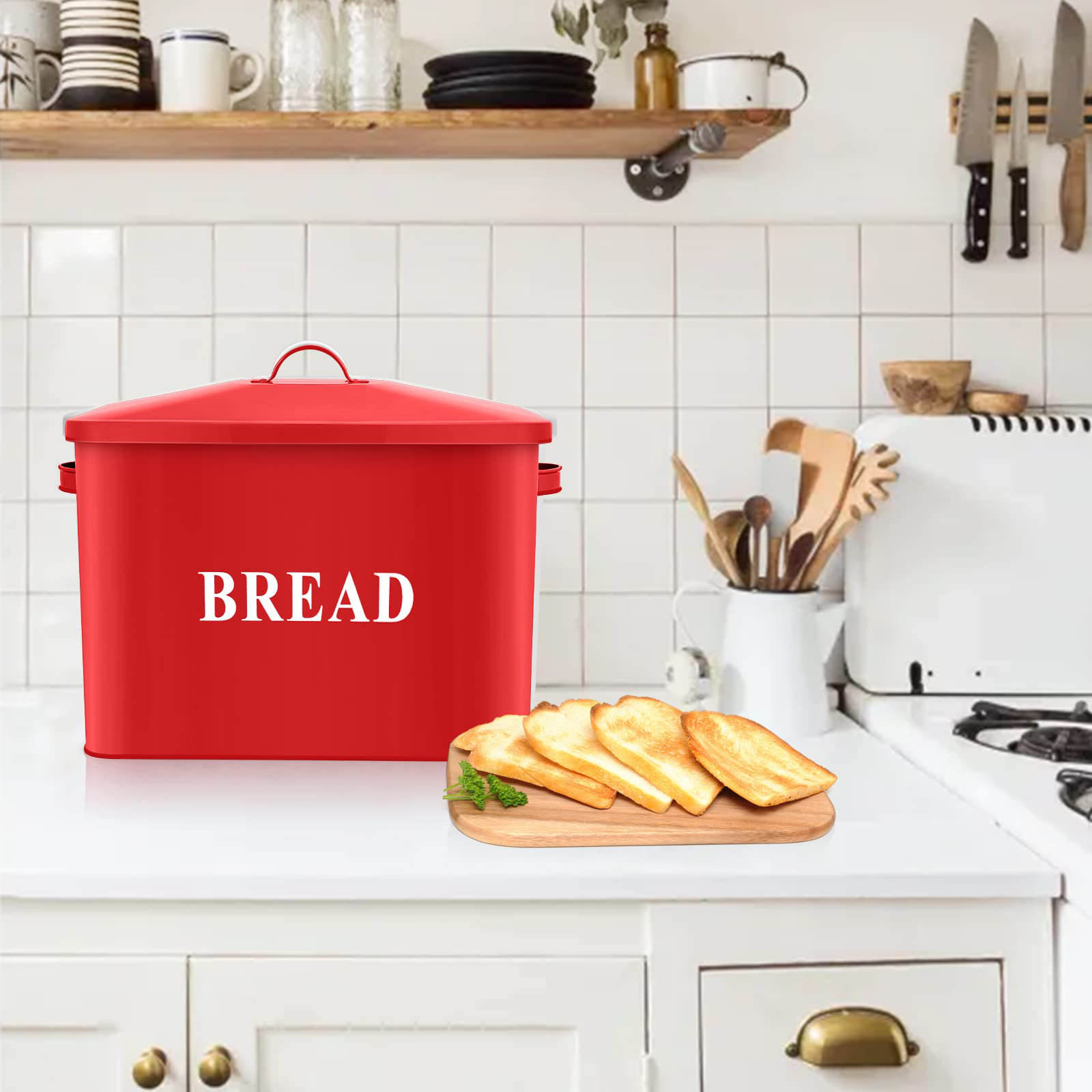 Gracie Oaks Red Bread Box For Kitchen Countertop, E-Far Metal Bread Bin Holder For Farmhouse ...